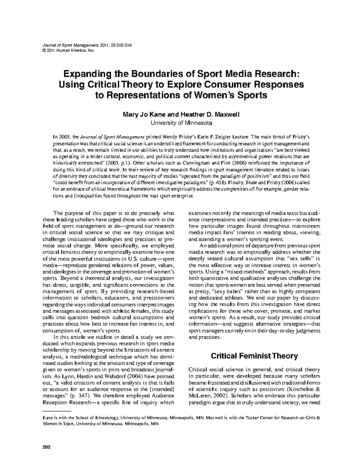 Kane 2011 - Examining Women's Representation in Sports Media - Studocu