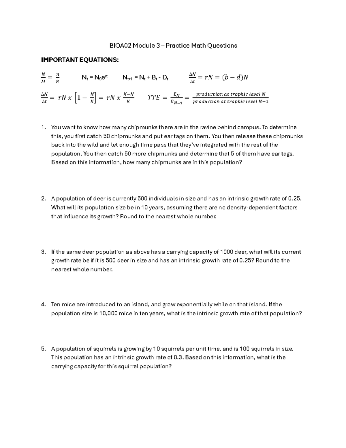 BIOA02 Module 3 Practice Math Questions on Population Dynamics - Studocu