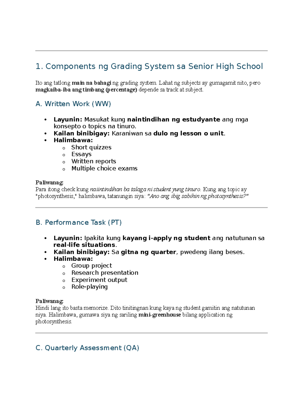 Components ng grading system sa senior high school (SHS) - Studocu