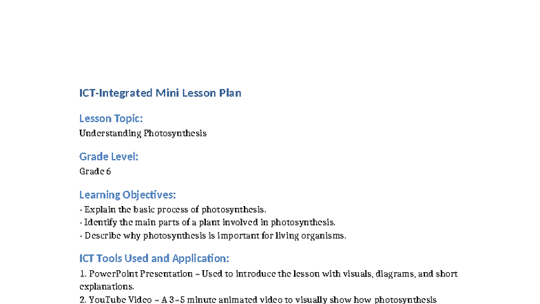 ICT Integrated Lesson Plan: Understanding Photosynthesis for Grade 6 ...