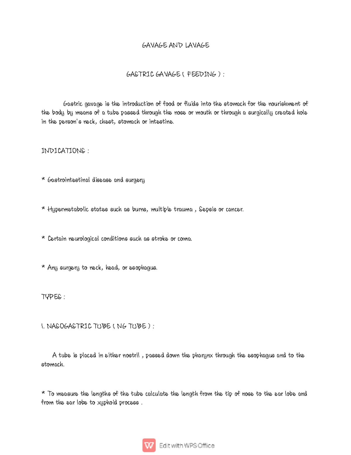 GAVAGE AND LAVAGE: Nursing Procedures and Care Guidelines - Studocu