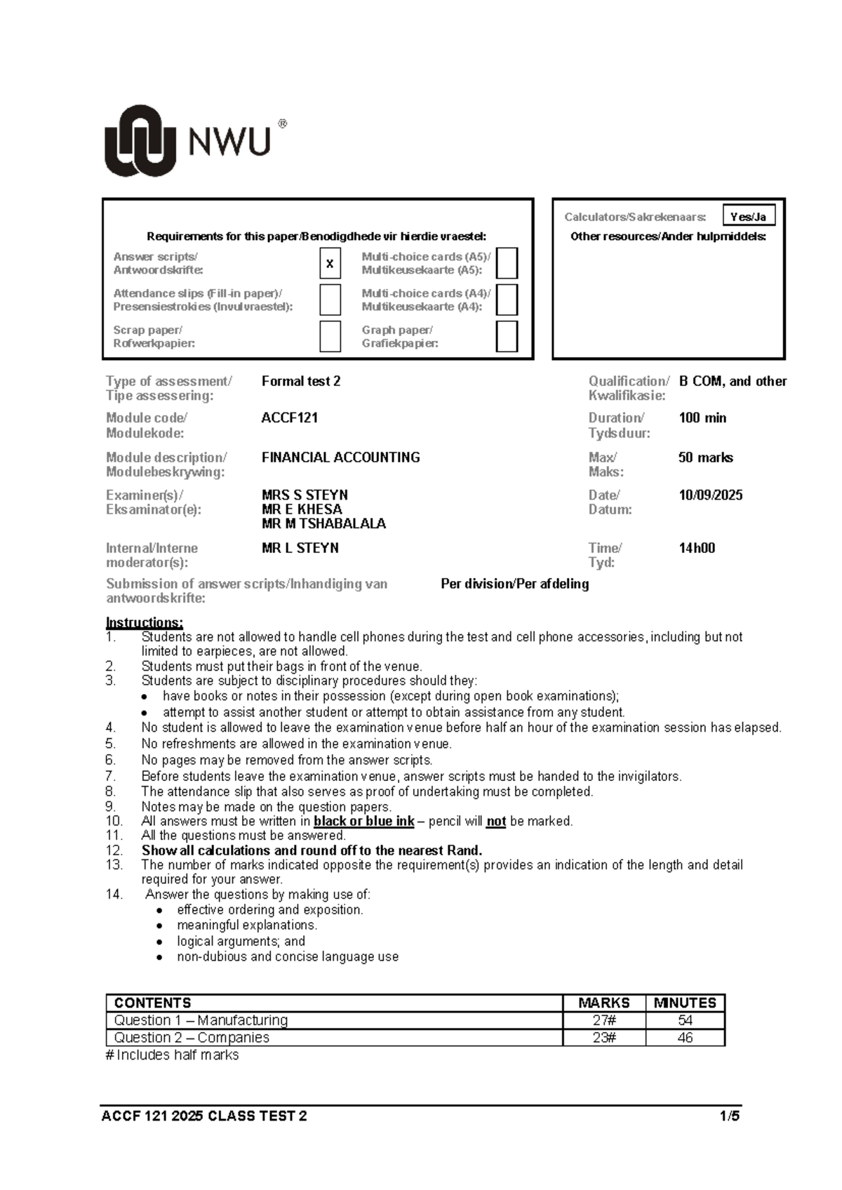 ACCF 121 CLASS TEST 2 2025: Financial Accounting Requirements and ...