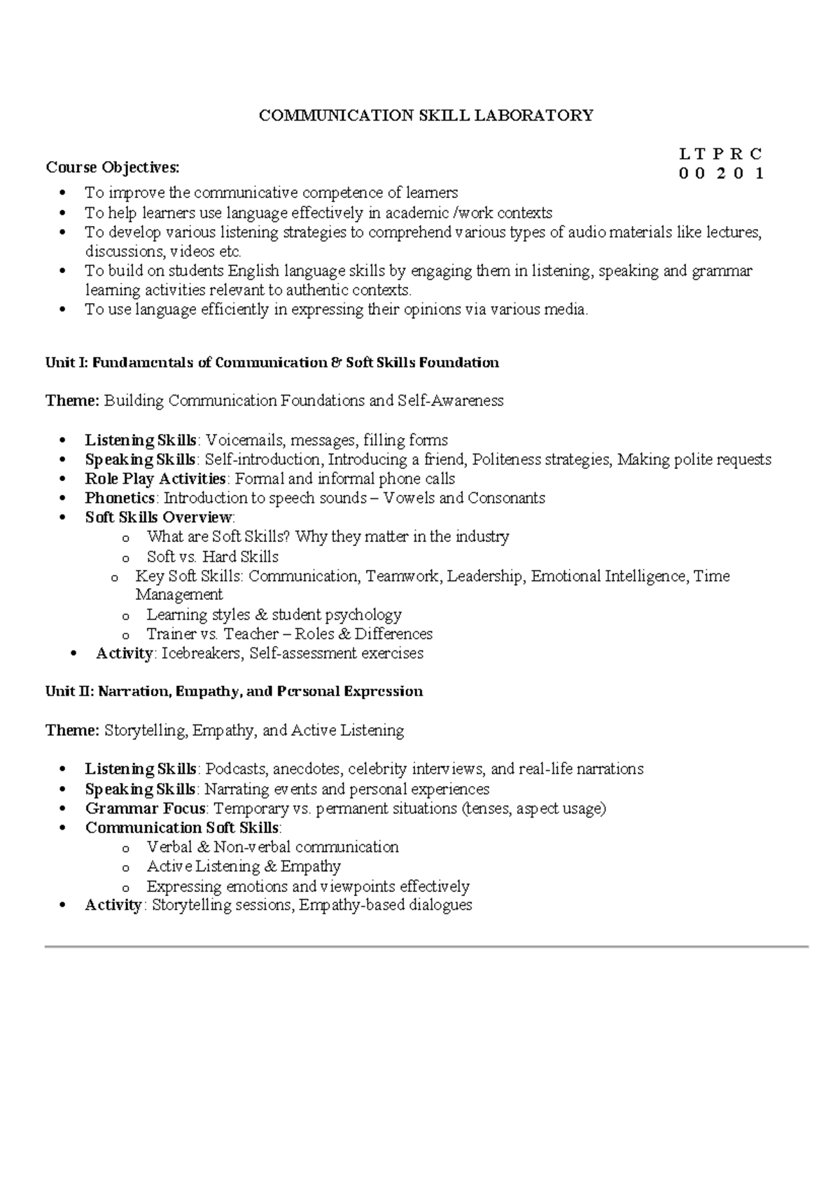 COMMUNICATION SKILLS LAB (CSL) Course Overview and Objectives - Studocu