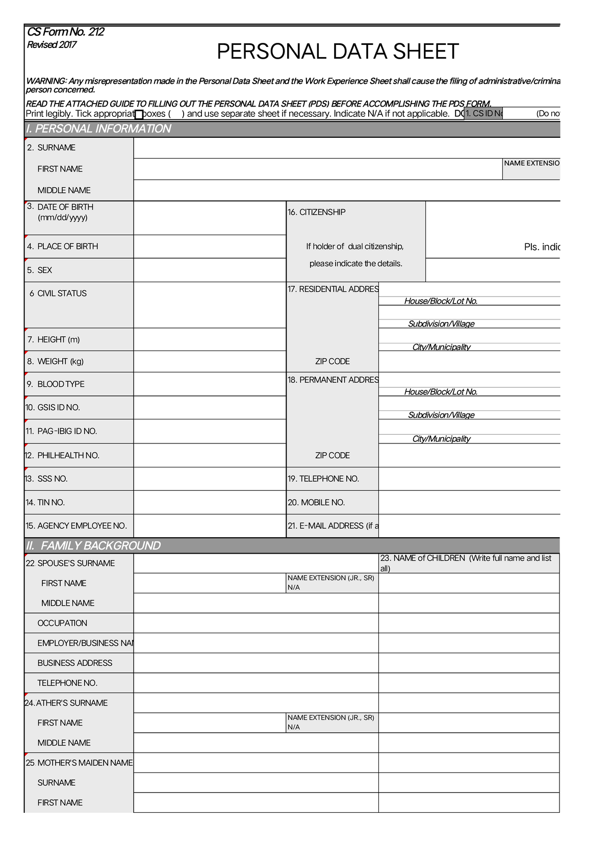 Blank-PDS-1 - Personal Data sheet - PERSONAL DATA SHEET Print legibly ...