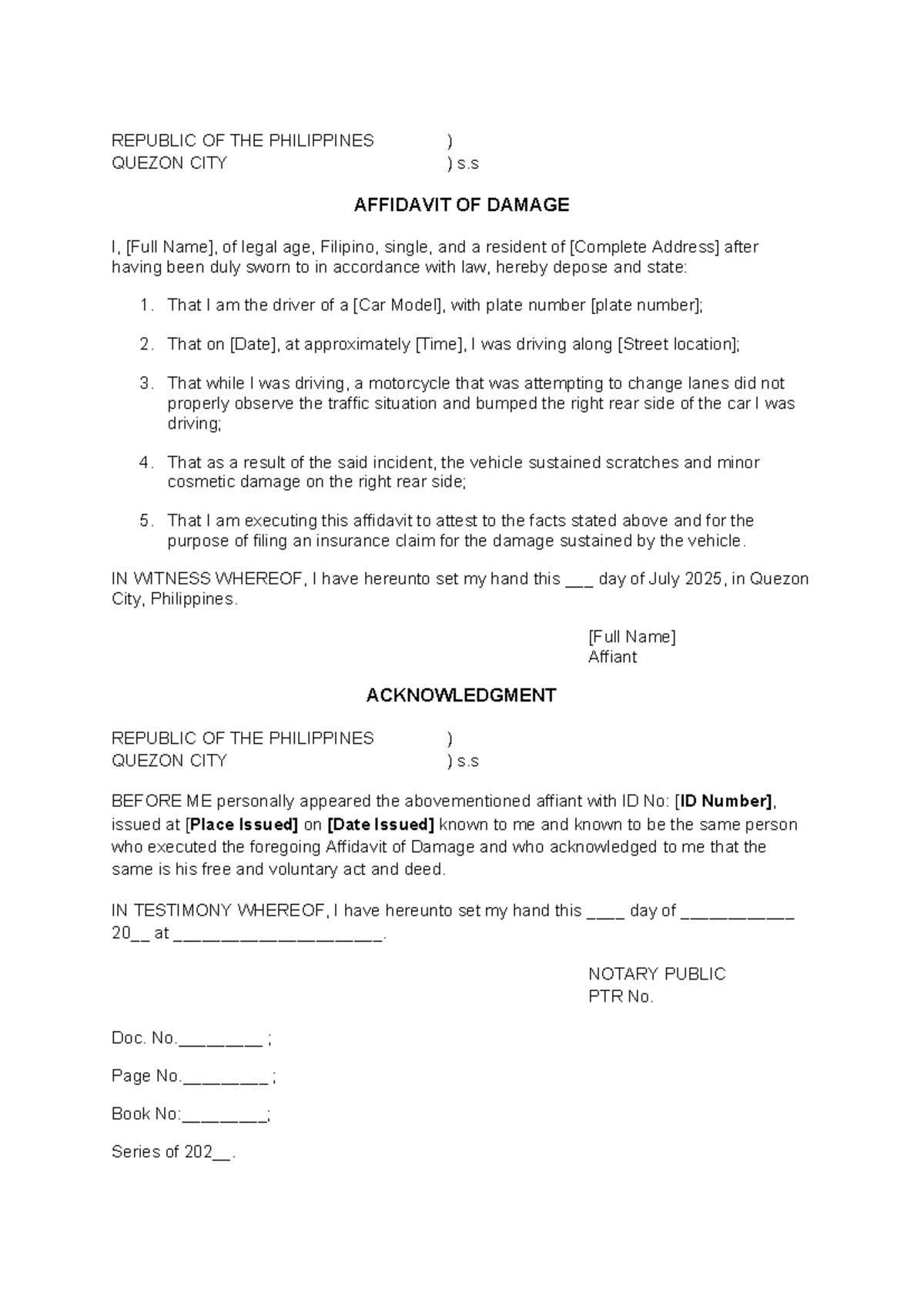 Affidavit of Damage for Car Insurance Claim - Quezon City - Studocu