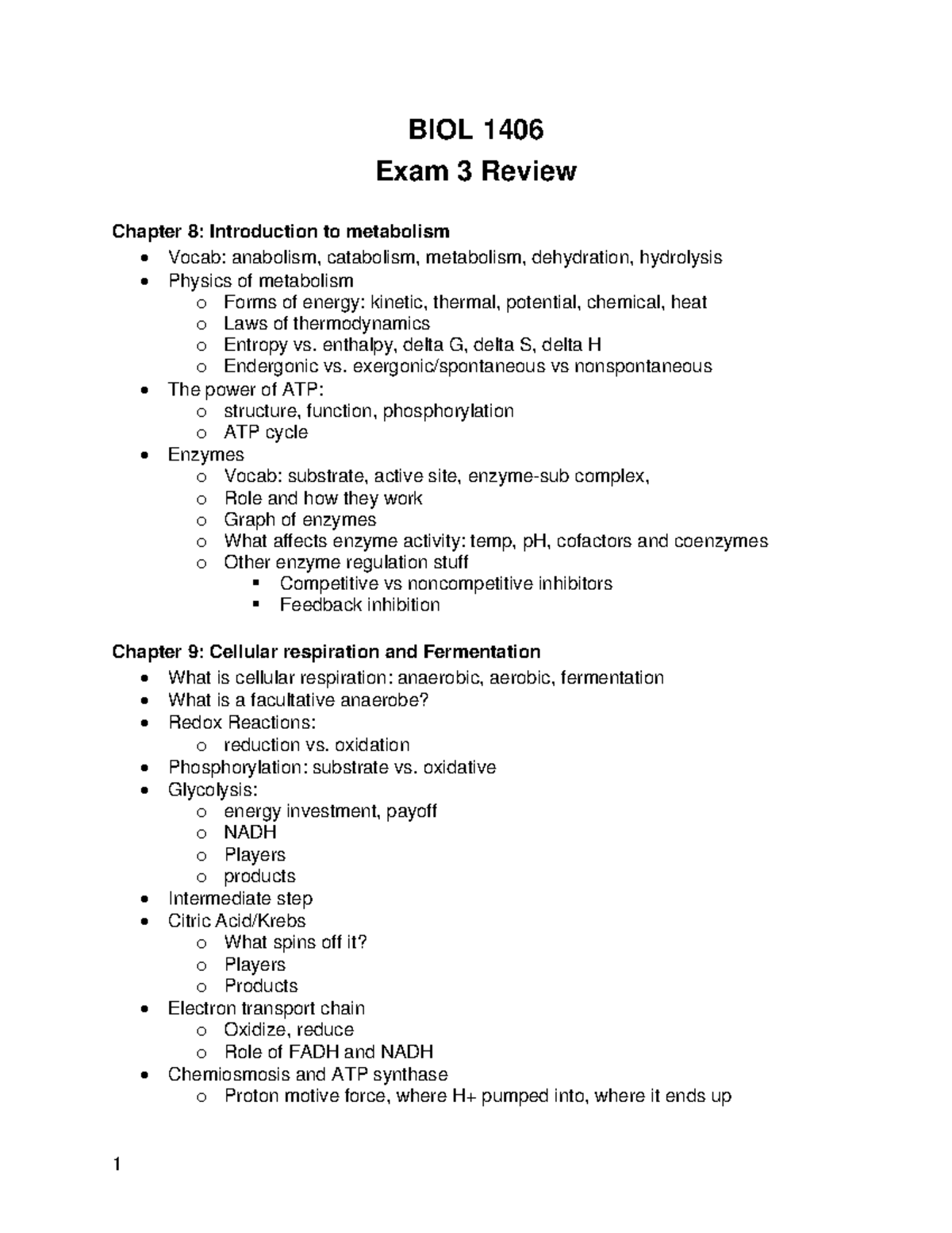 Biol 1406 Exam 3 Review Metabolism Respiration And Photosynthesis