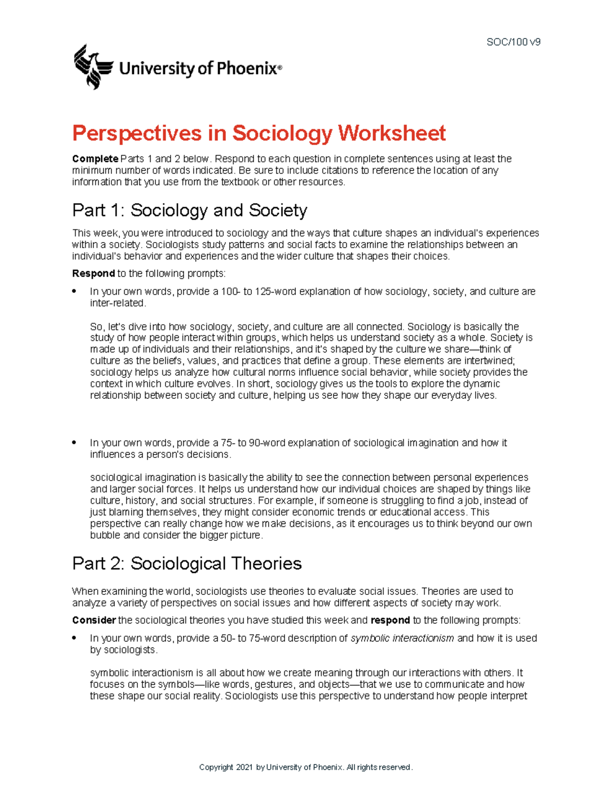 Soc 100 Week 1: Perspectives in Sociology Worksheet Responses - Studocu