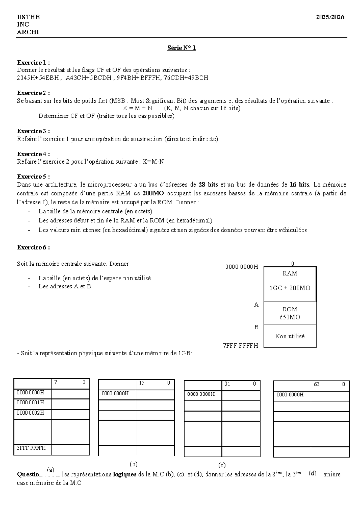 USTHB ING ARCHI TD N°1 : Analyse des Opérations et Mémoire Centrale ...