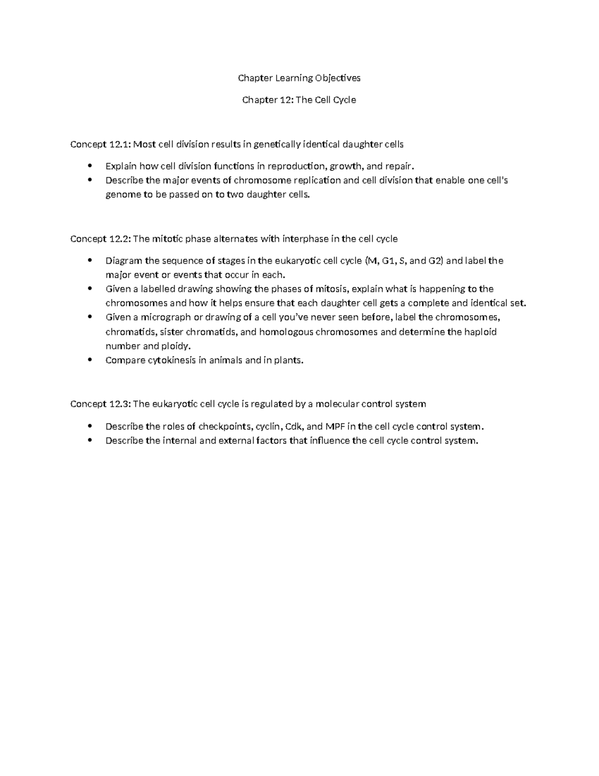 Cell Cycle Regulation and Events: Chapter 12 Learning Objectives ...