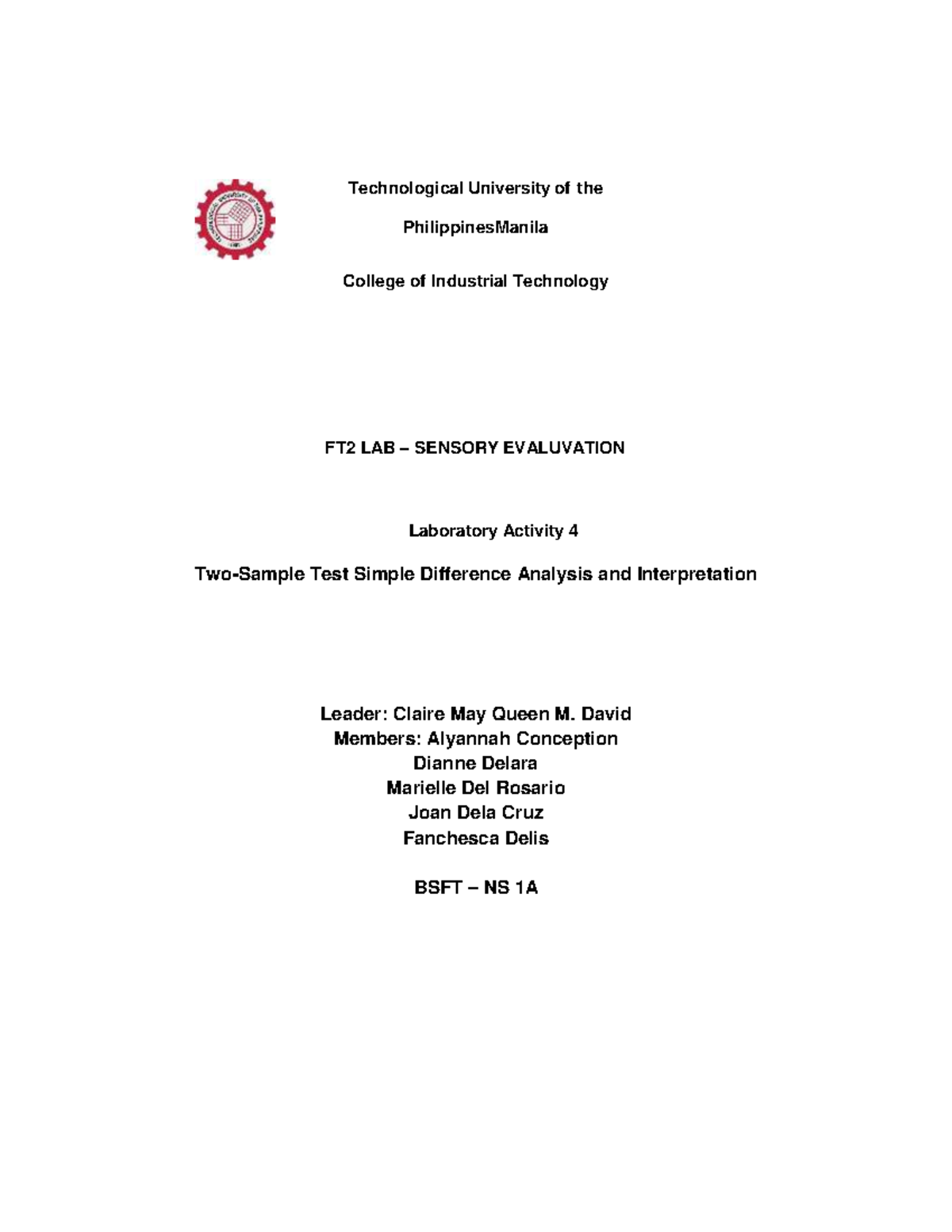 FT2 LAB: Sensory Evaluation - Paired Sample Test Analysis - Studocu