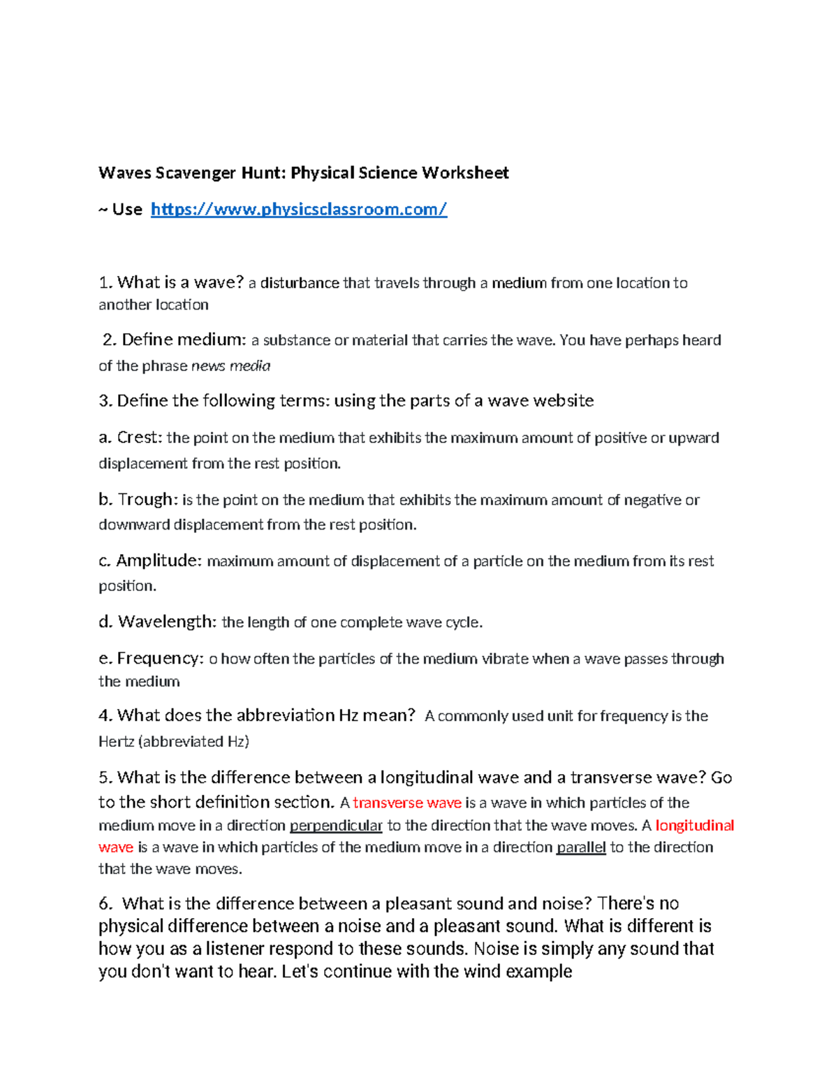 Waves Scavenger Hunt: Physical Science Worksheet Overview - Studocu