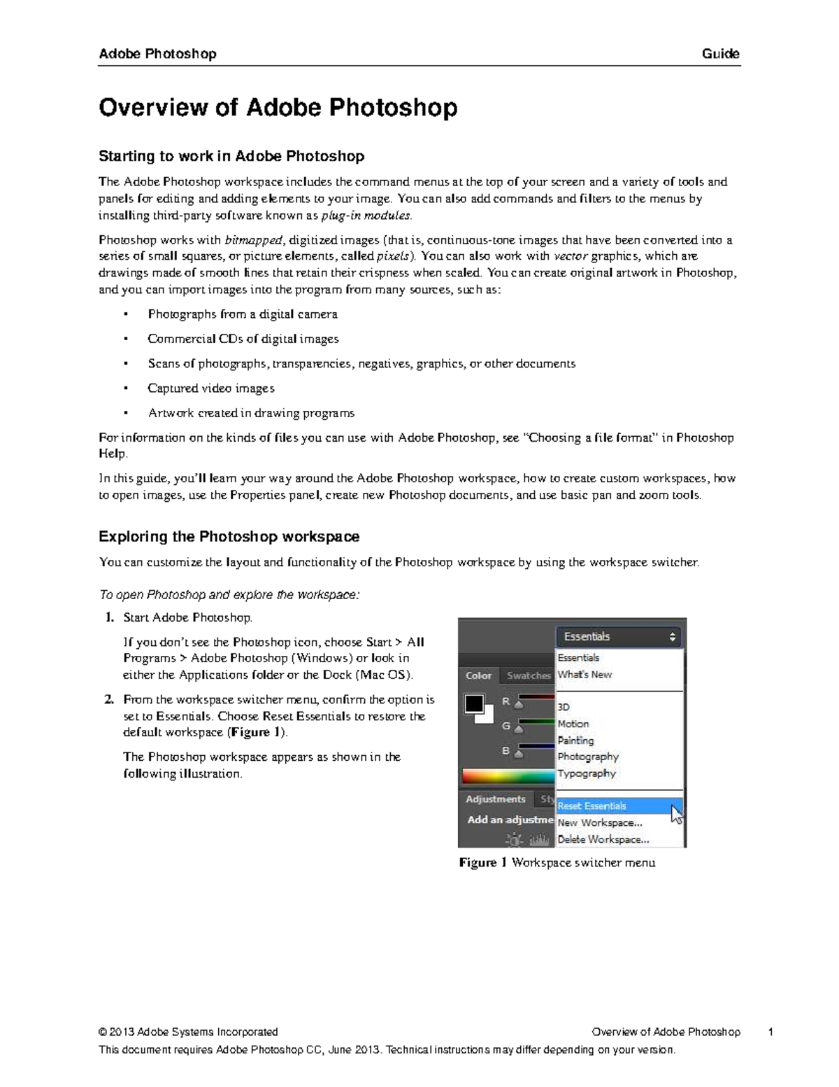 Adobe Photoshop CC Guide: Overview and Workspace Essentials - Studocu