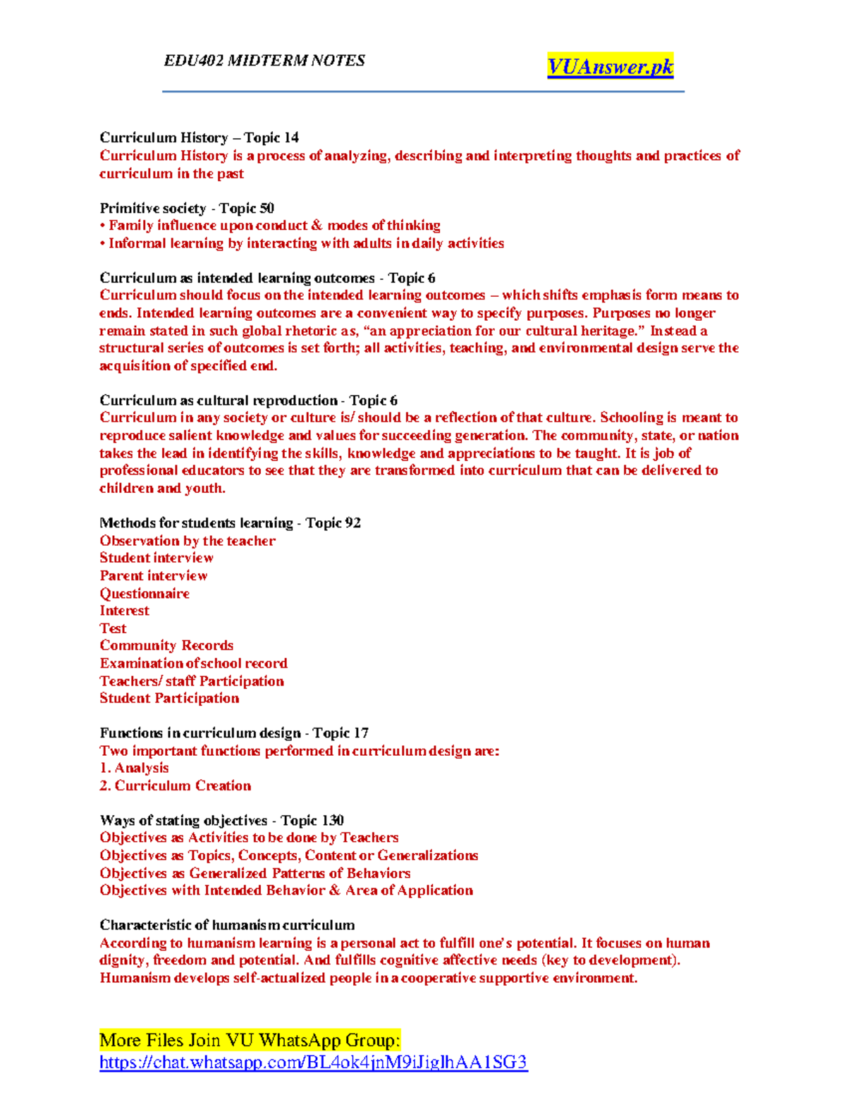 EDU402 MIDTERM SHORT NOTES: Curriculum History & Development Insights ...