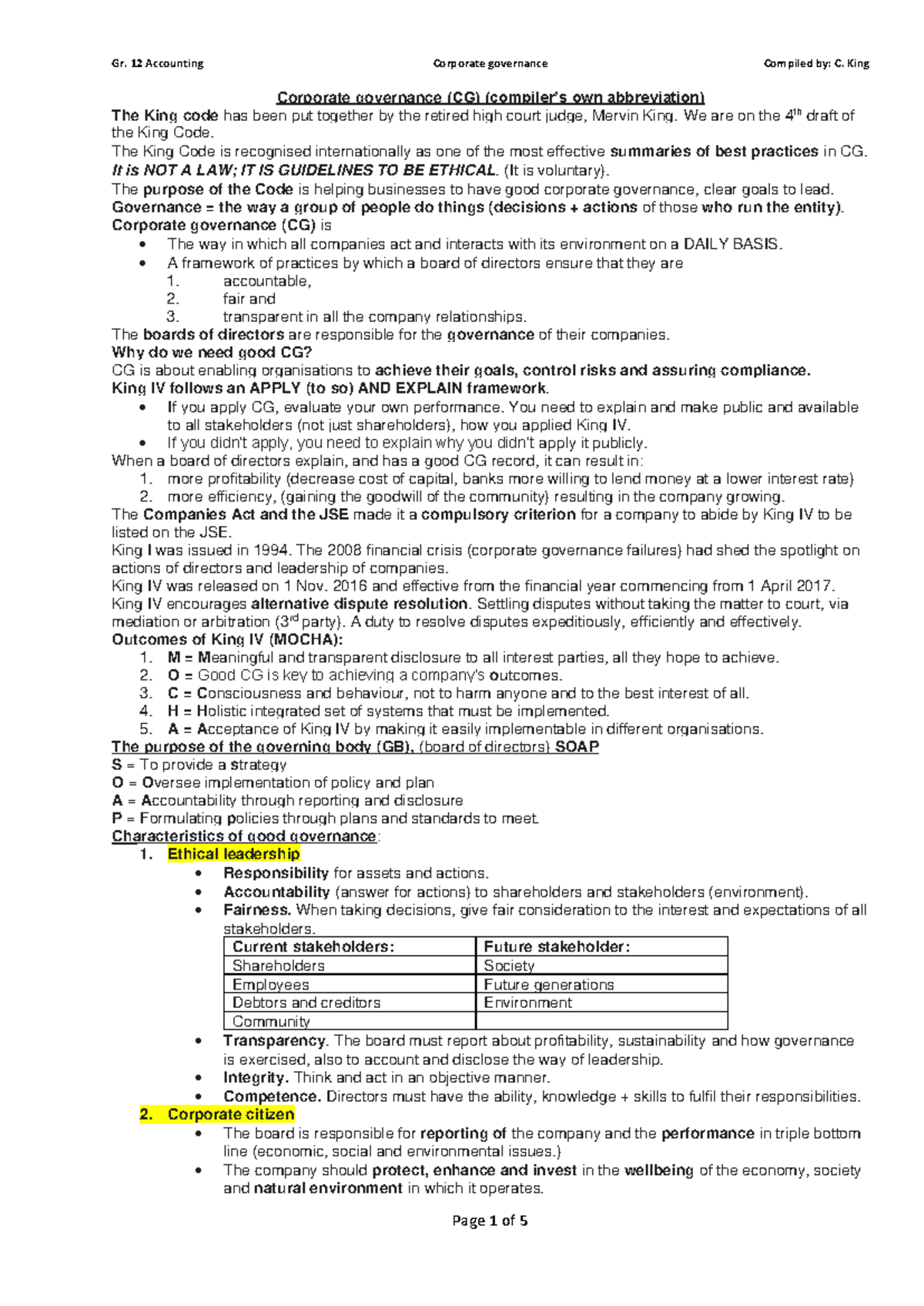Grade 12 Corporate Governance Notes: Understanding King IV Principles ...