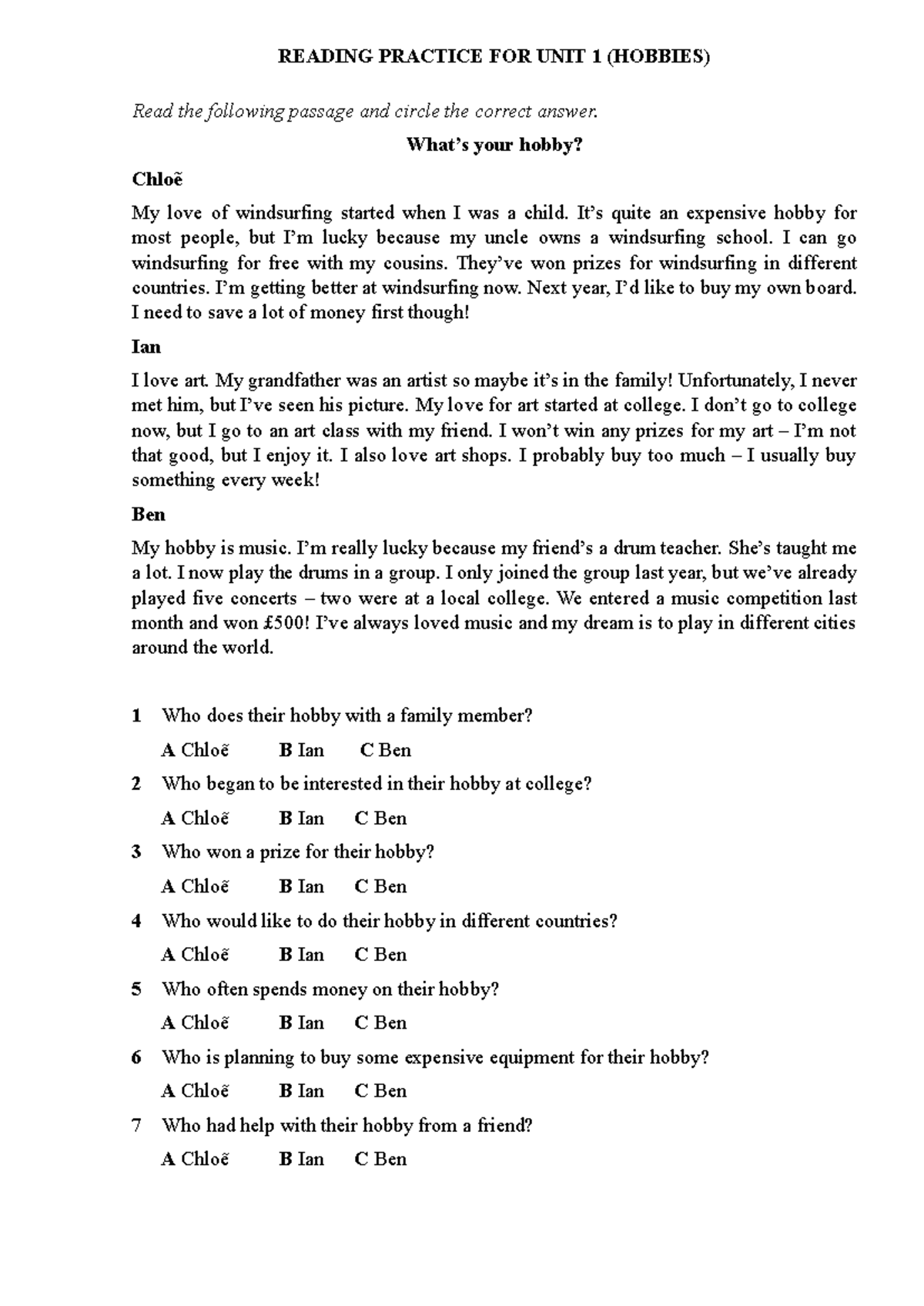 ENG 7 UNIT 01 READING PRACTICE: HOBBIES AND INTERESTS - Studocu