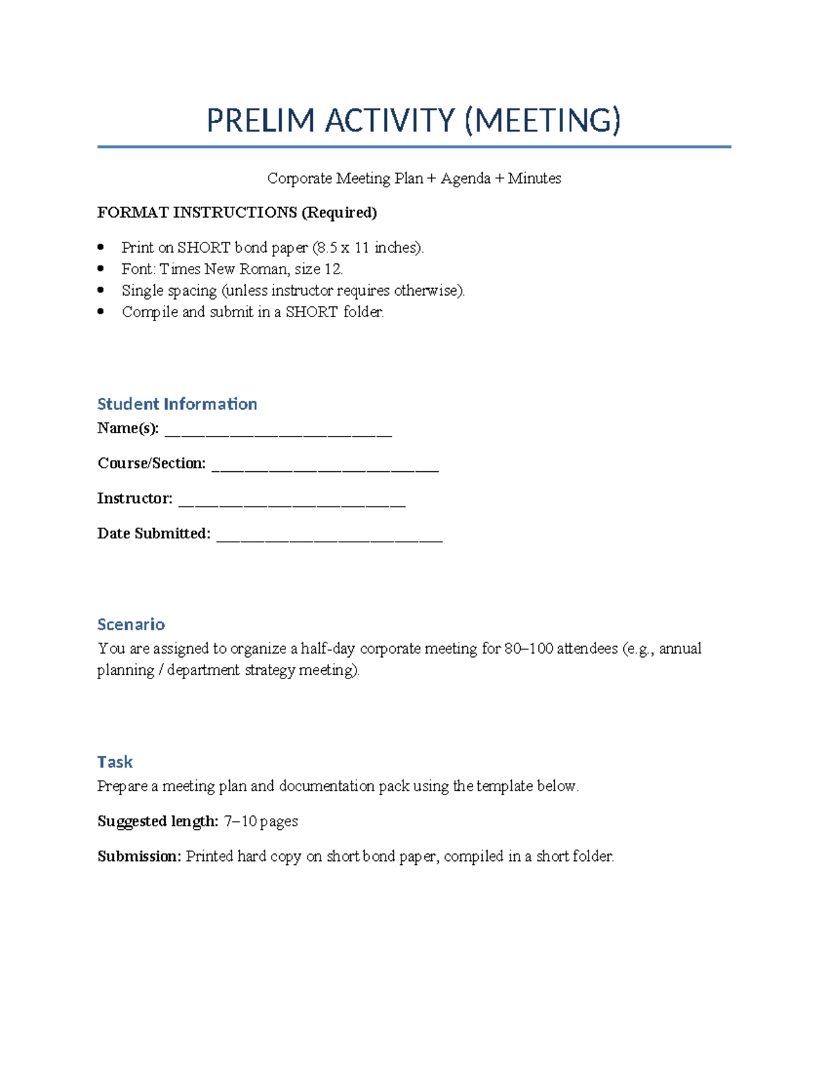 Final Meeting Activity Template (Corporate Meeting Plan) - Studocu