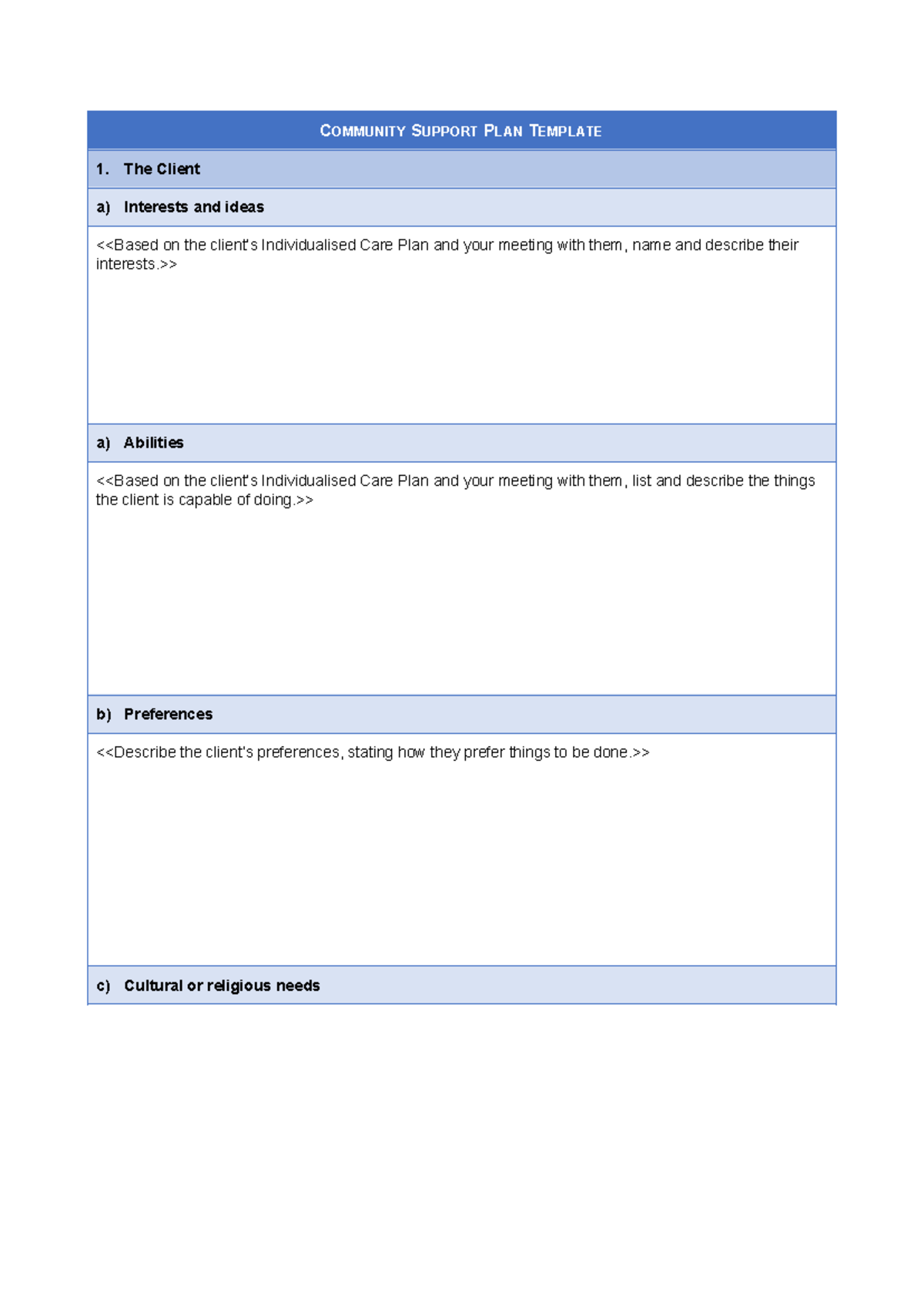 Community Support Plan Template: Client-Centered Approach - Studocu