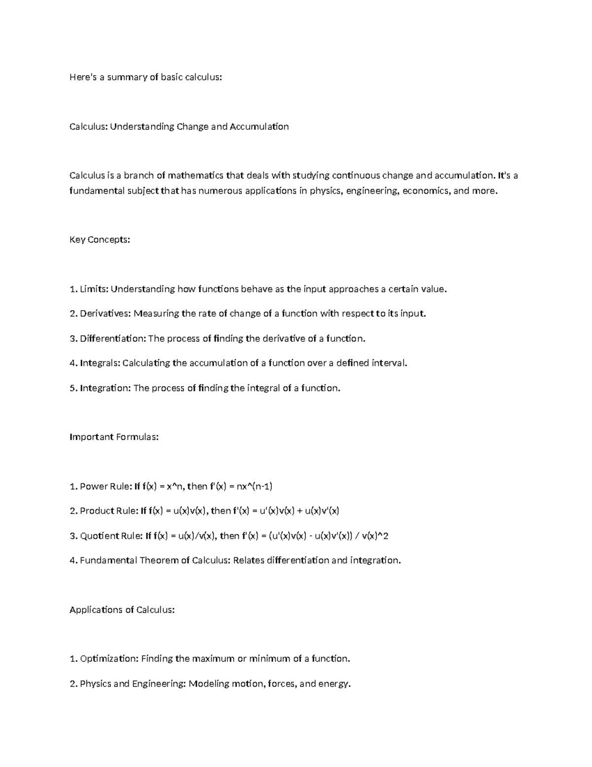 Basic Calculus Summary: Key Concepts and Applications (1221222) - Studocu