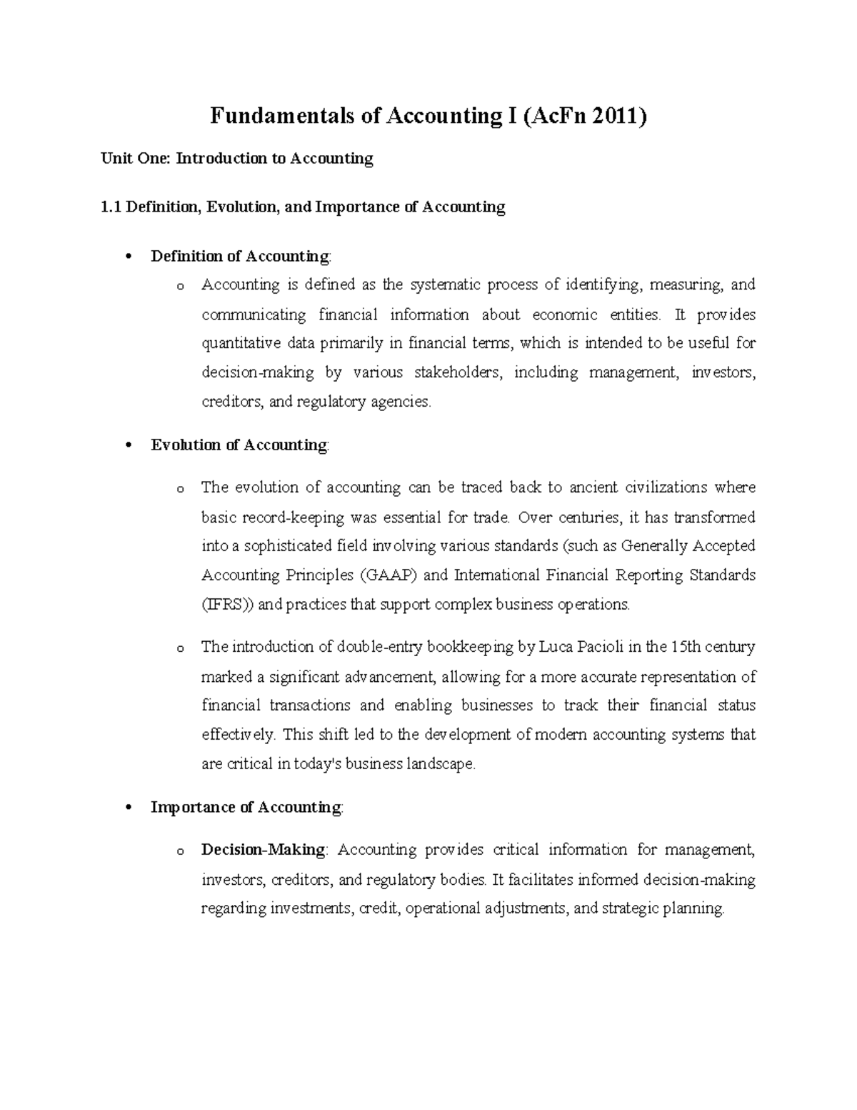 Fundamentals of Accounting I (AcFn 2011) Unit One Overview and Key ...
