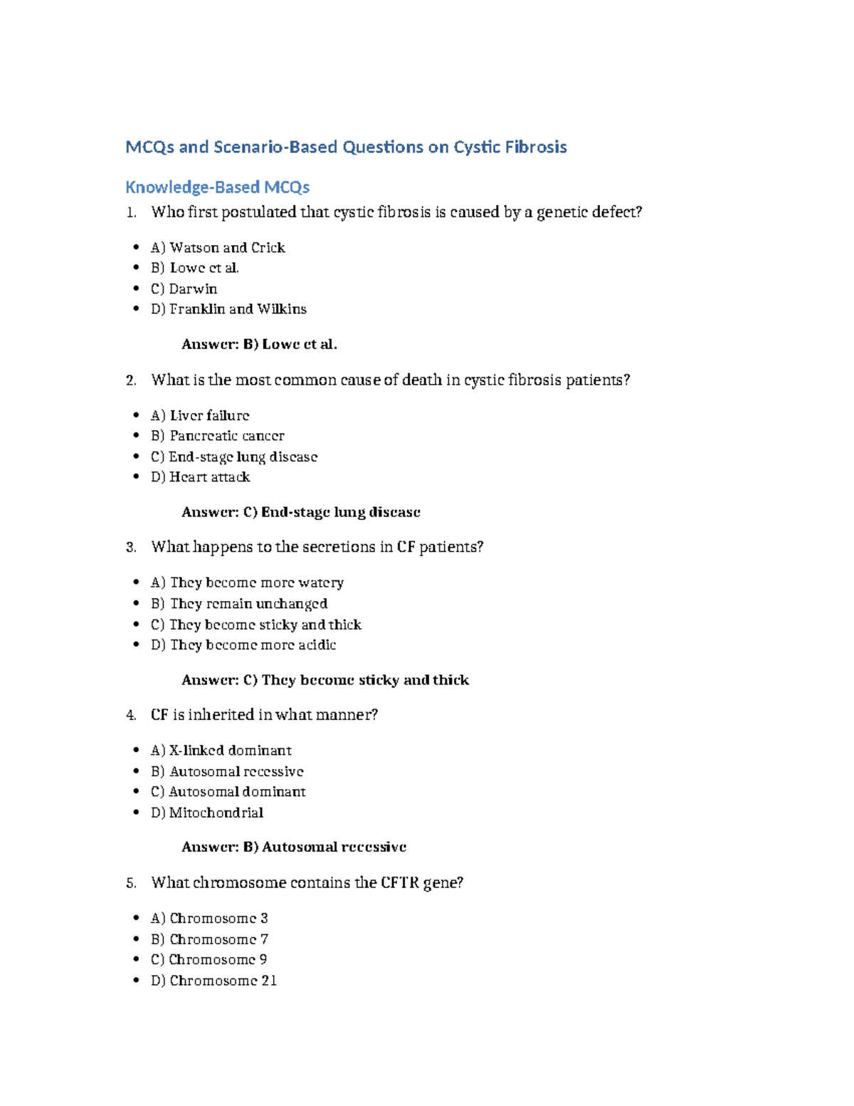 Cystic Fibrosis MCQs - Comprehensive Practice Questions for Review ...