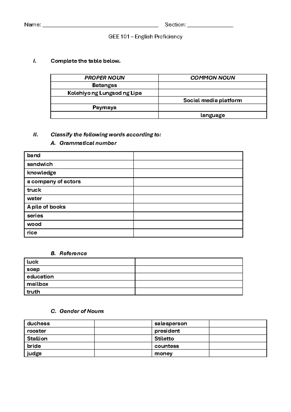 GEE 101 English Proficiency I: Act-3 Noun Classification - Studocu