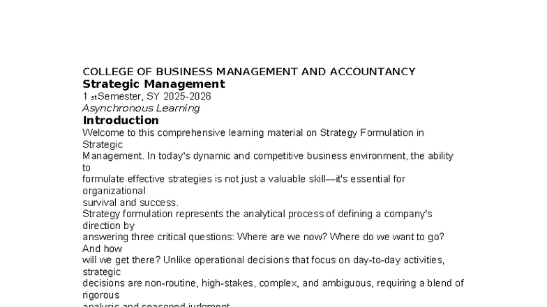 Strategic Management (BUS 101): Comprehensive Learning Material on Strategy - Studocu