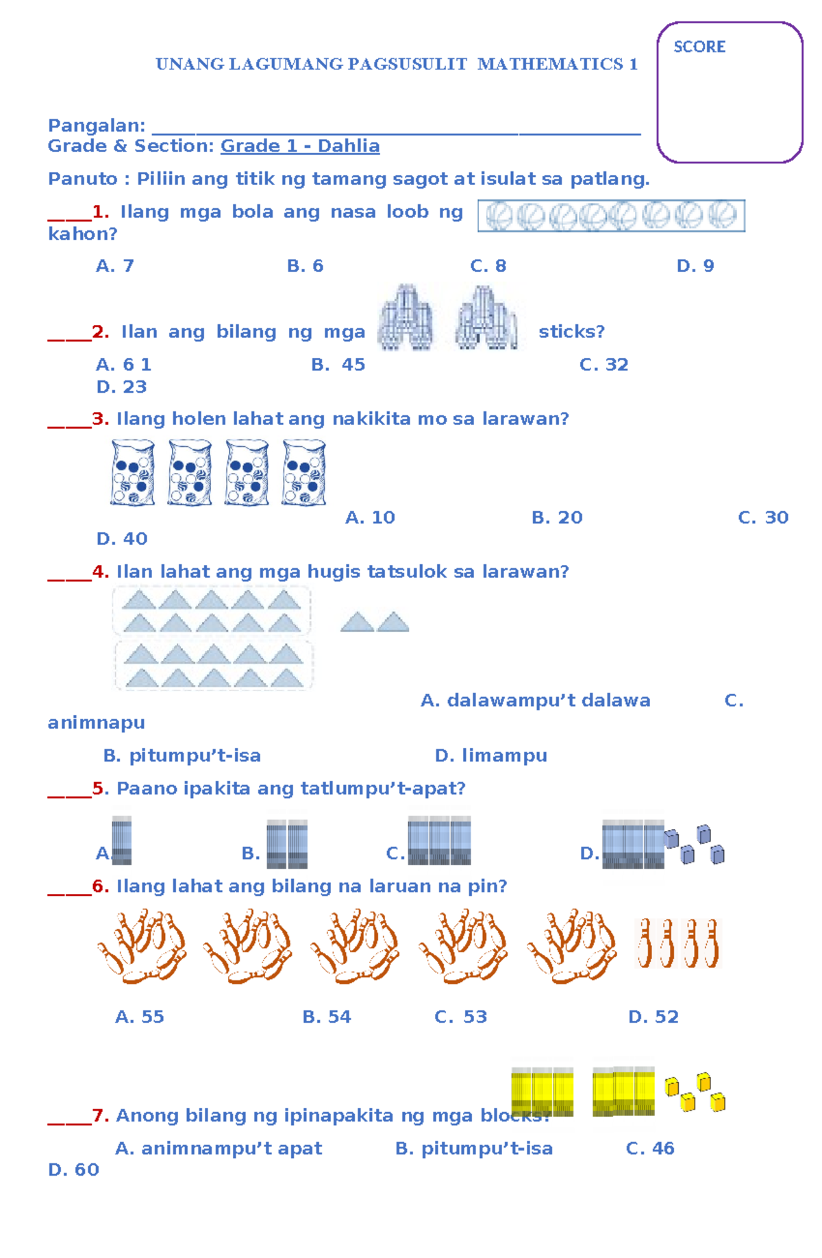 MATH 1 - Unang Lagumang Pagsusulit ng Matematika - Studocu