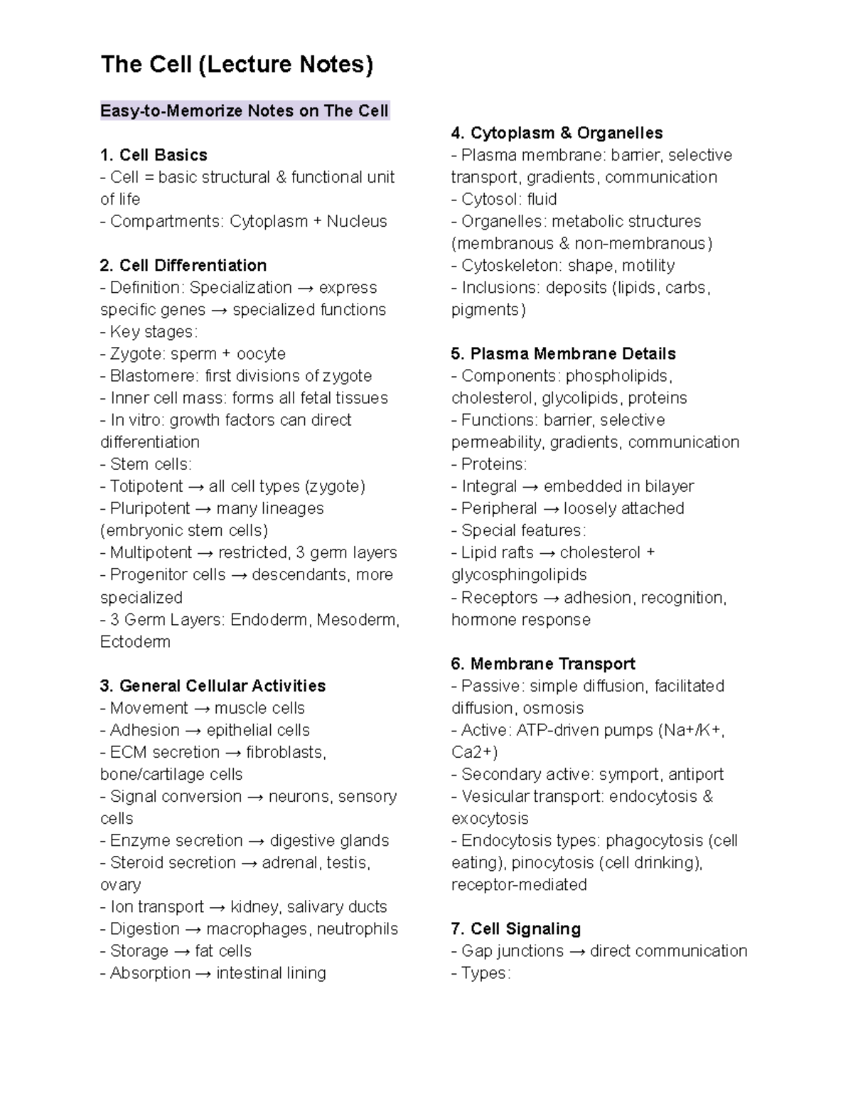 Cell Biology Lecture Notes (BIO101) - Easy-to-Memorize Guide - Studocu