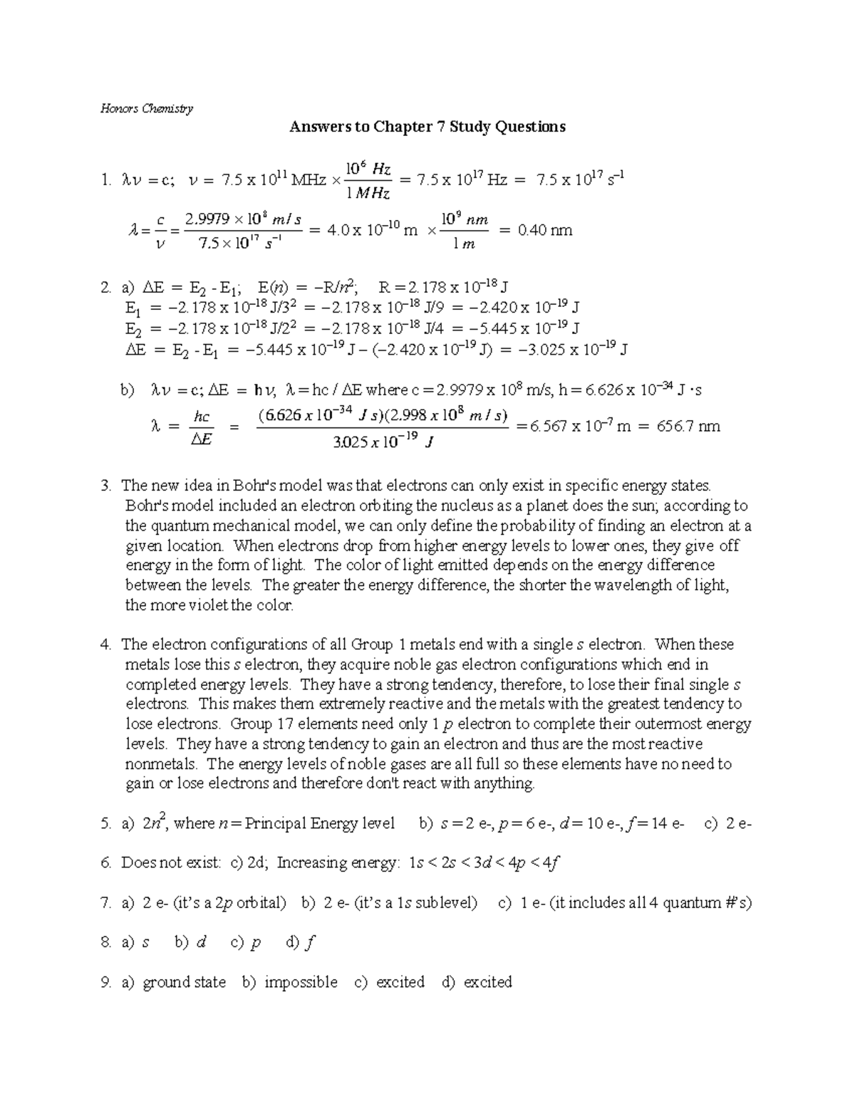 Hc Chapter 7 Study Questions Answers - Honors Chemistry Answers to ...