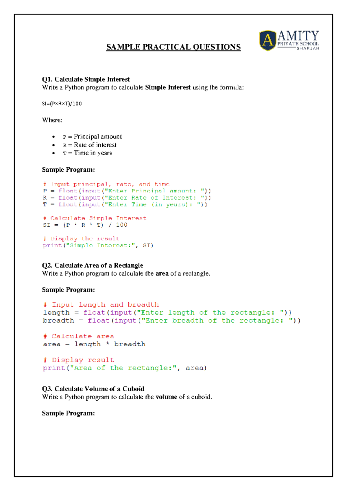 Final Python Practical Sample Questions QP - Studocu