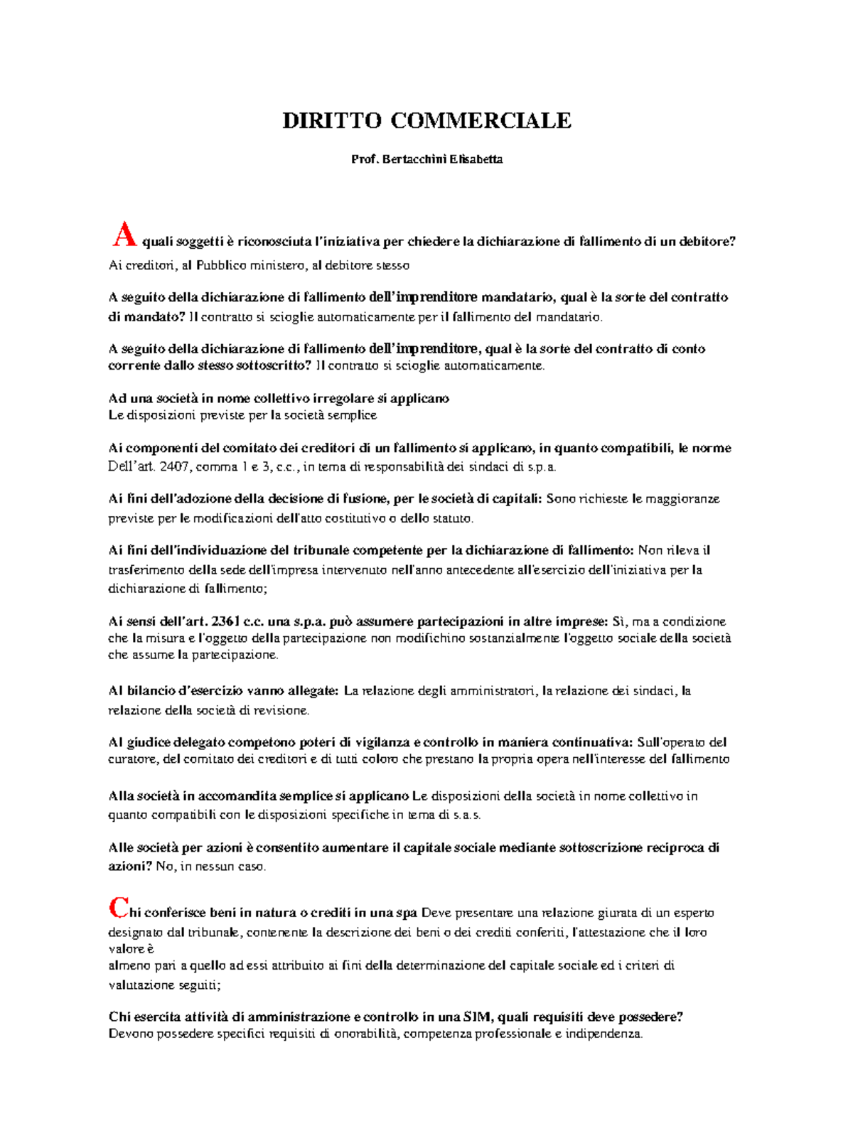 ( Chiuse e Aperte) Diritto Commerciale PROF. Bertacchini - DIRITTO COMMERCIALE Prof. Bertacchini ...