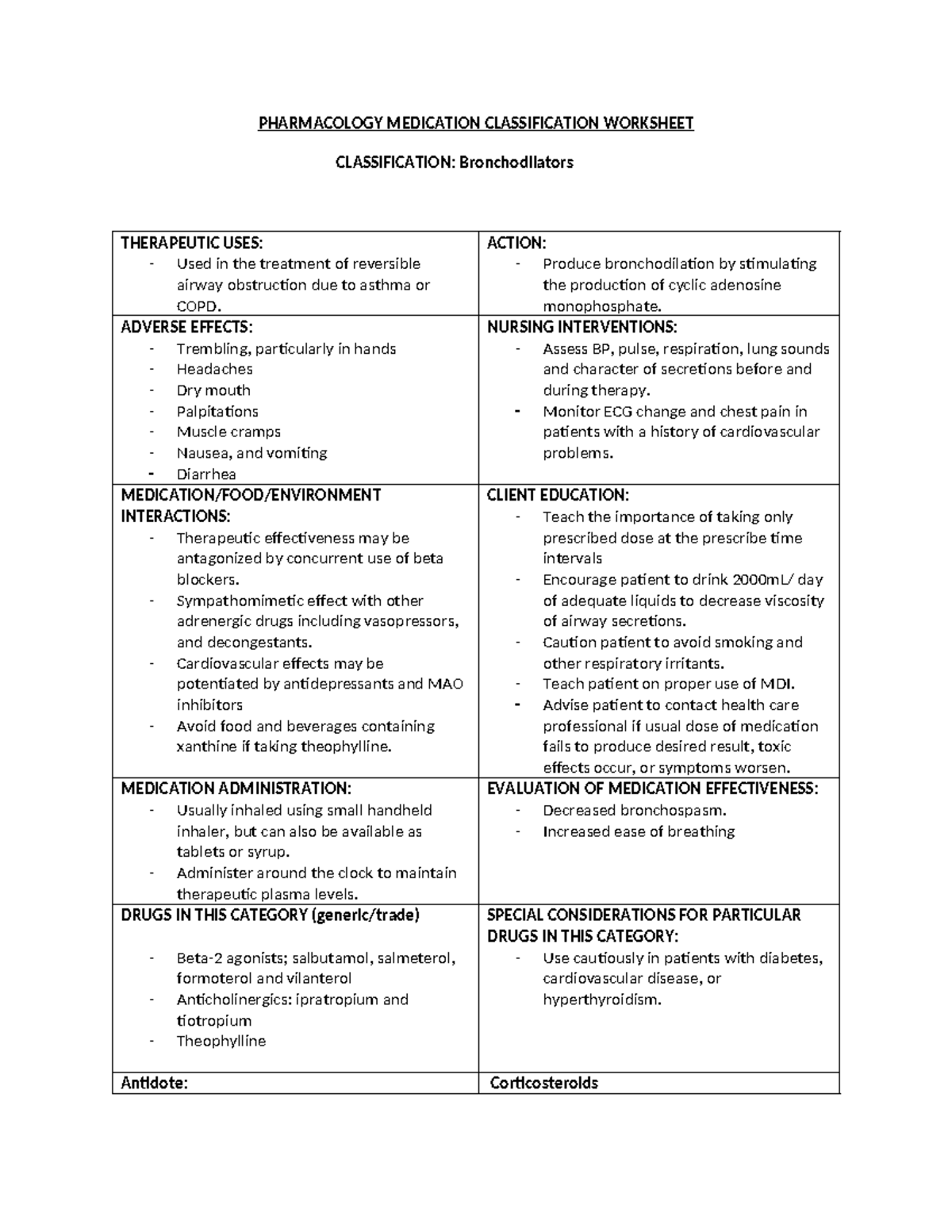 Pharmacology Medication Classification Worksheet Fall 2023 ...