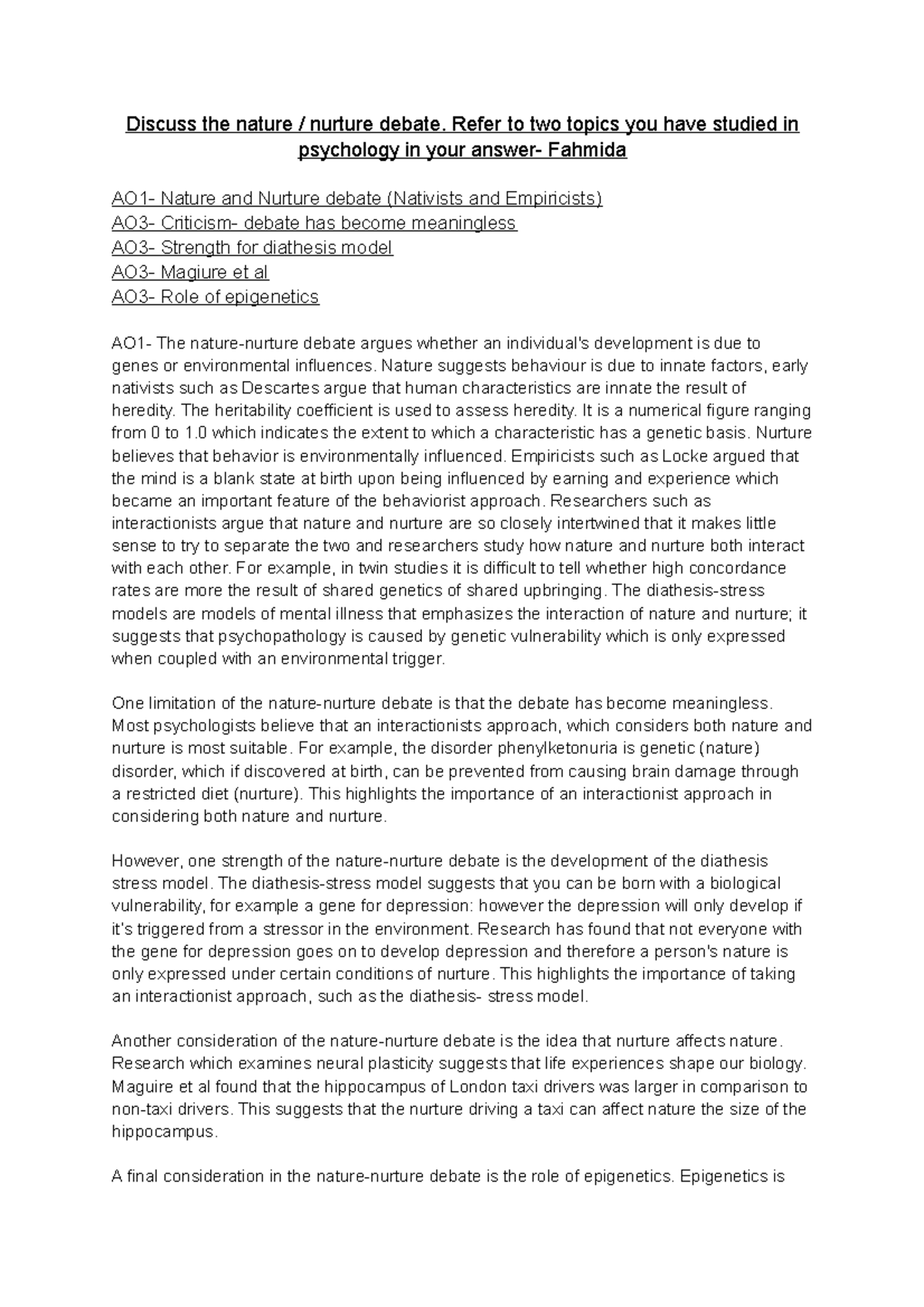 Nature vs. Nurture Debate in Psychology: Analyzing Key Concepts - Studocu