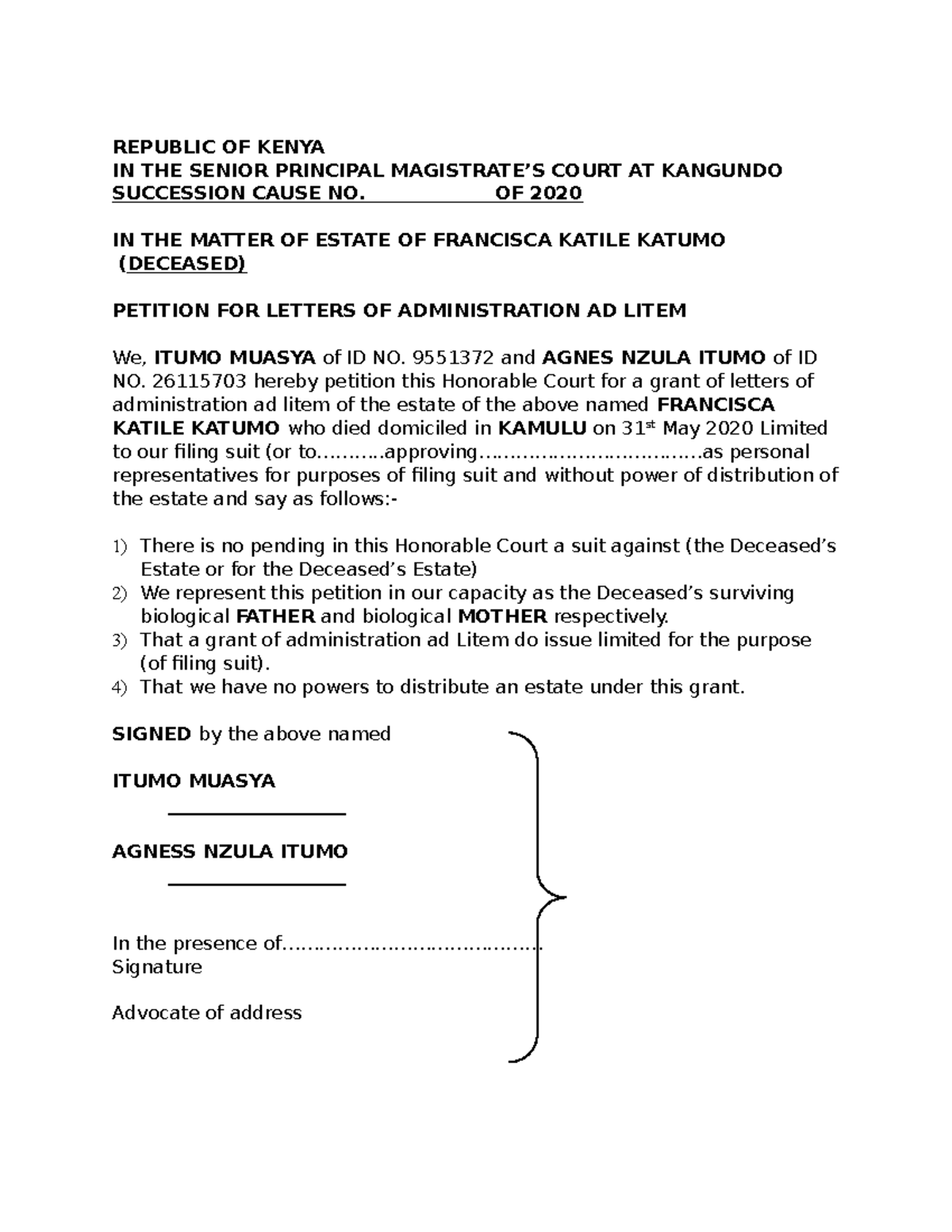 Petition for Letters of Administration Ad Litem - Succession CAUSE NO ...