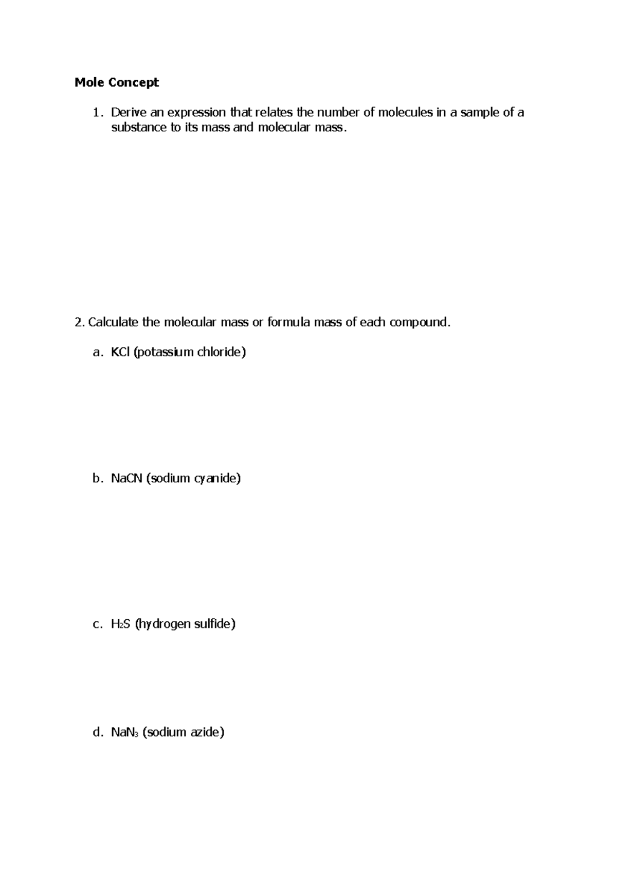 Year 10 Mole Concept - Practice Worksheet and Calculations - Studocu
