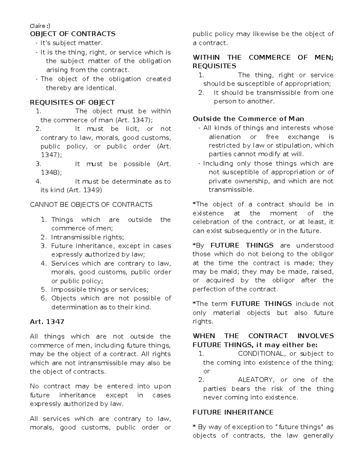 310035431 Object of Contracts - OBJECT OF CONTRACTS It’s subject matter ...