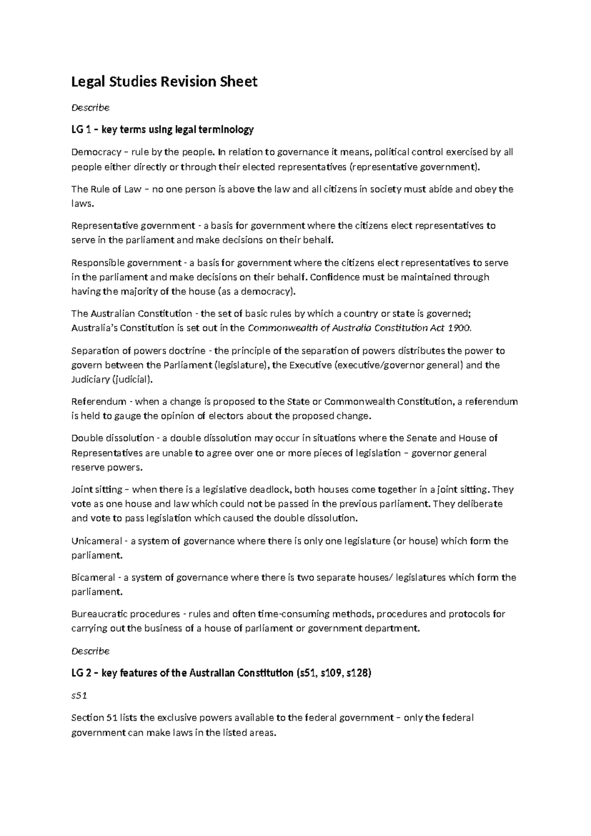 Legal Studies Revision Sheet: Key Concepts & Constitutional Features ...