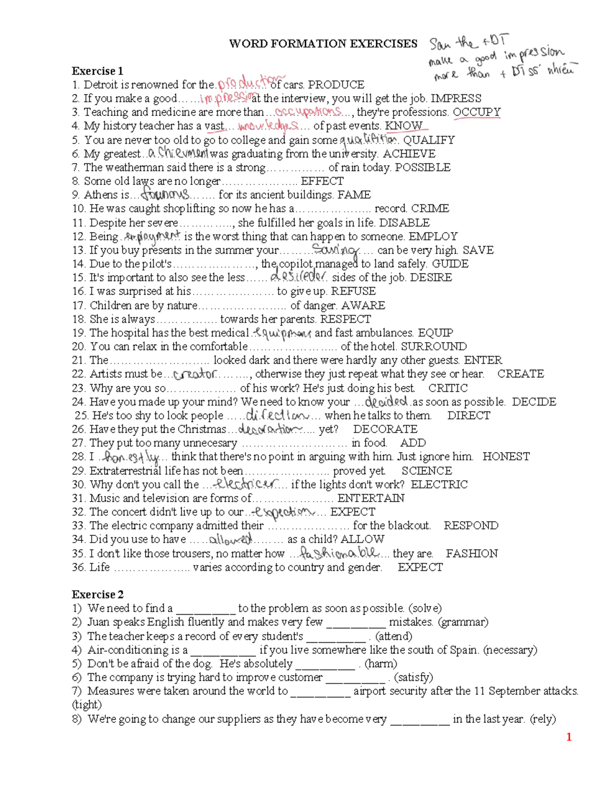 Word Formation Exercises (ENG 101) - Studocu