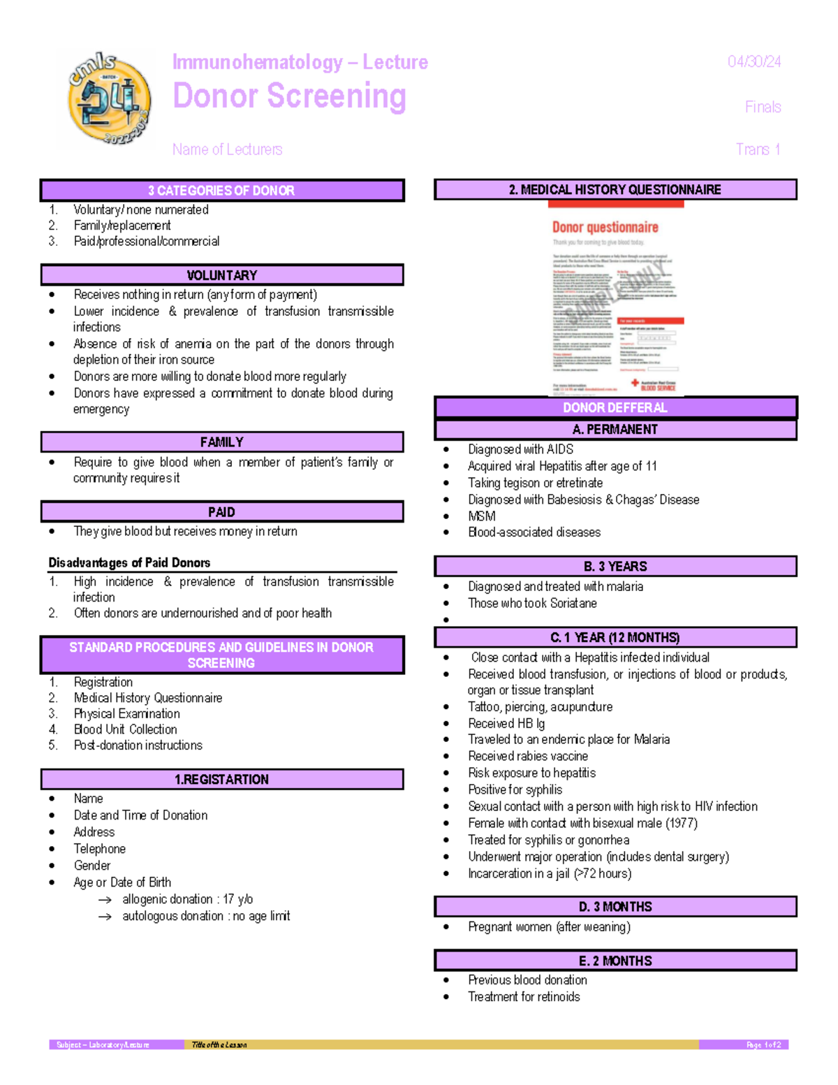 F T1 Immhm-LEC Donor Screening Finals: Key Concepts and Guidelines ...