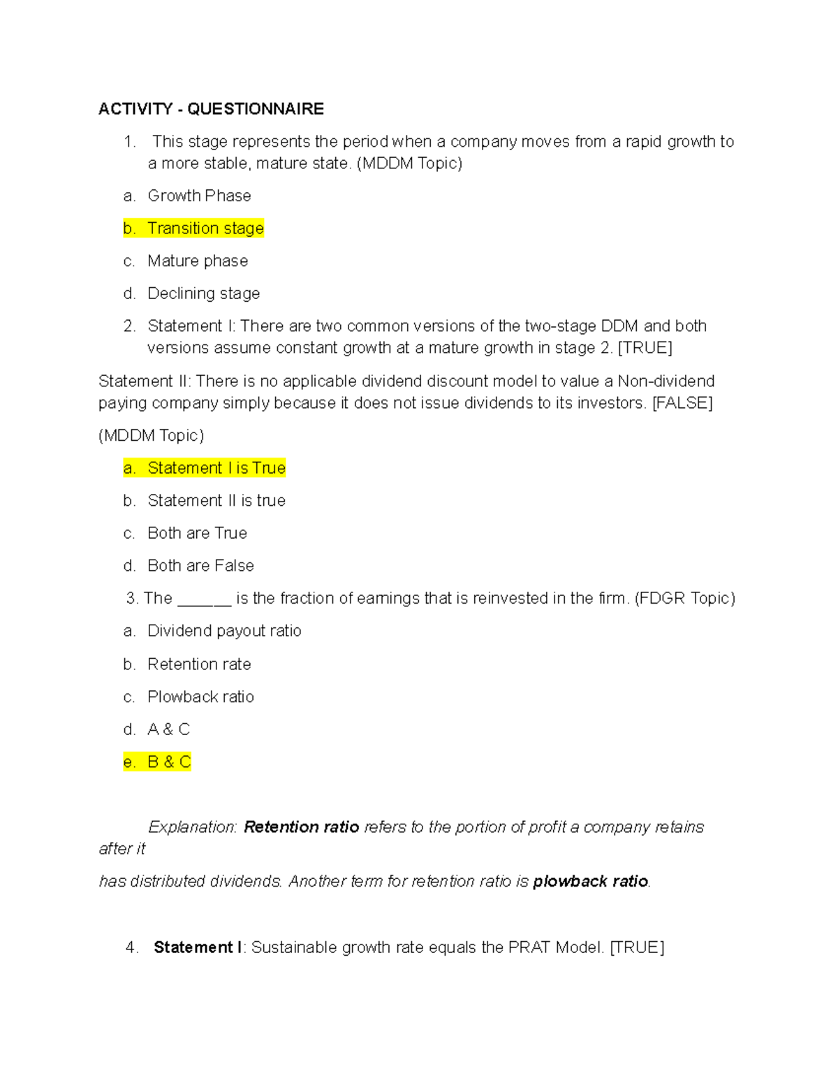 Equity Valuation Activity Questionnaire (MDDM & FDGR Topics) - Studocu