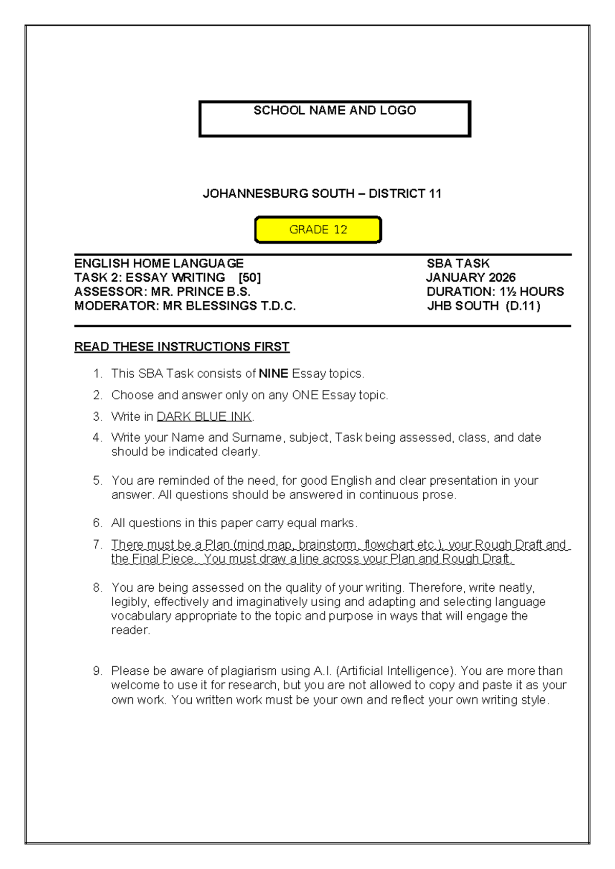 Grade 12 English Home Language SBA Task 2: Essay Writing - Jan 2026 ...