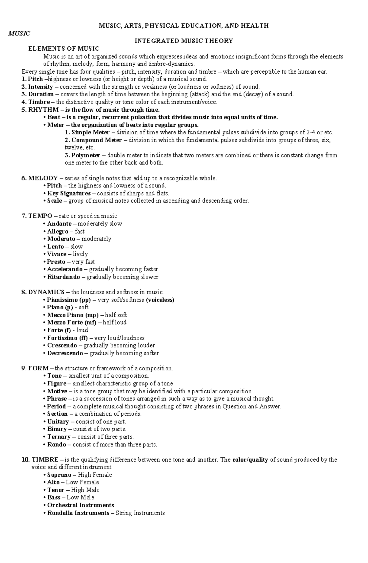 MUSIC, ARTS, PE & HEALTH: Comprehensive MAPEH Study Guide - Studocu