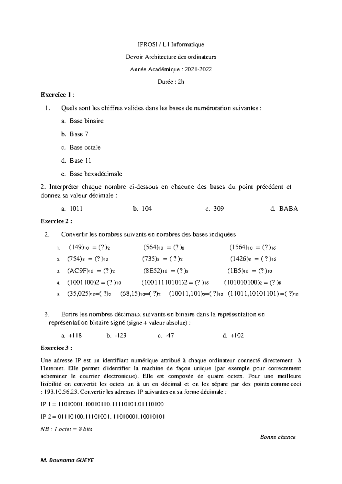 Devoir IPROSI L1: Architecture des ordinateurs - Exercice et IP ...
