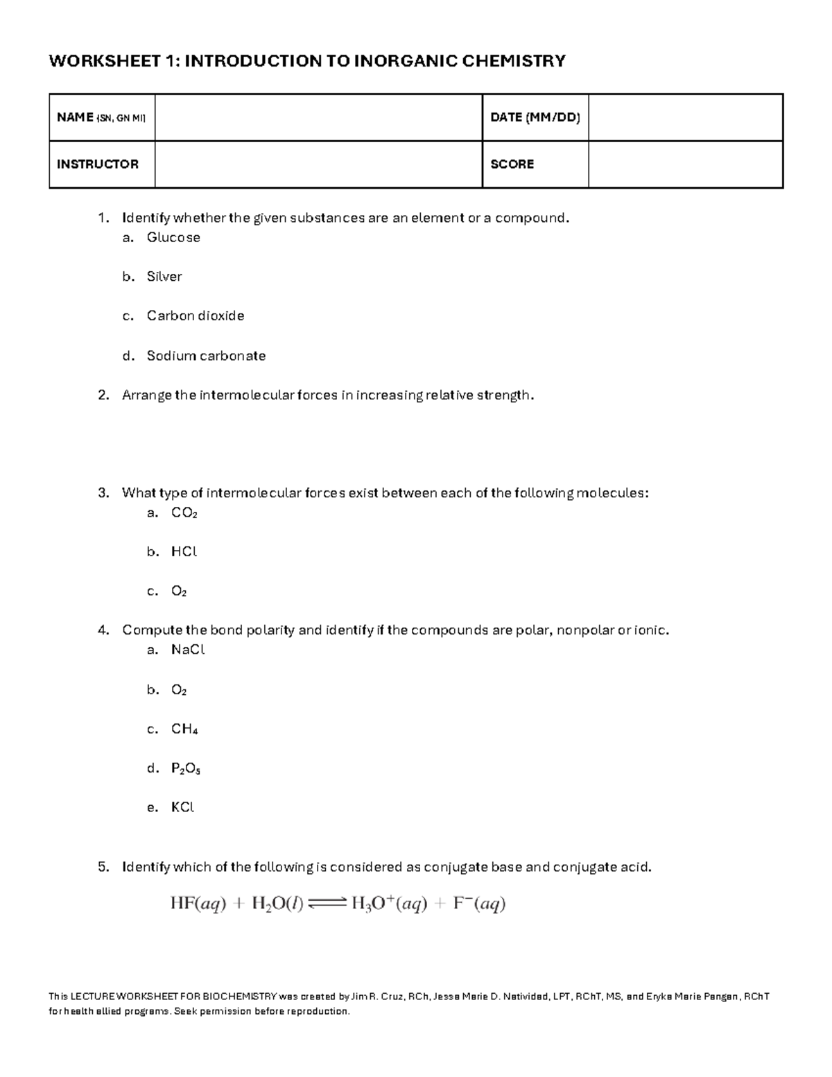 Worksheet 1 - Intro to Inorganic Chemistry (Biochemistry LECTURE) - Studocu