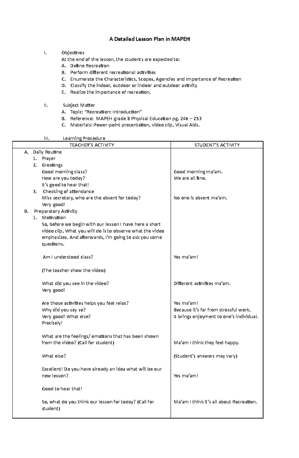 Detailed Lesson Plan G-8: Understanding Recreation Concepts - Studocu
