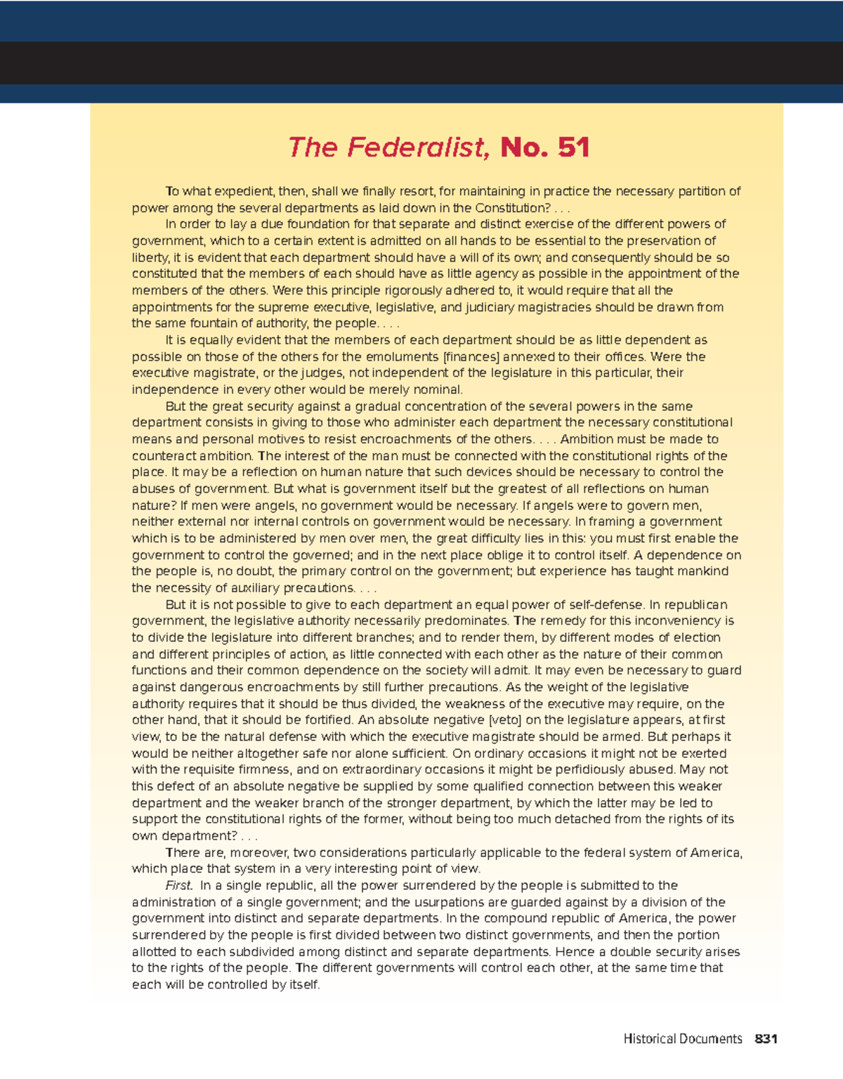 87 Federalist No 51 - IDK - The Federalist, No. 51 To what expedient ...