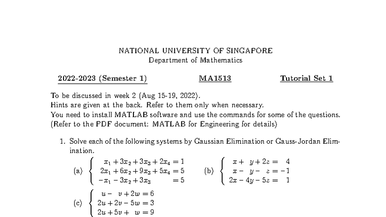 MA1513 Tutorial Set 1: Gaussian Elimination and MATLAB Applications ...