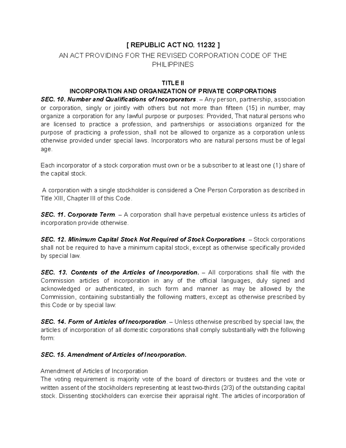 REPUBLIC ACT NO. 11232: Revised Corp Code - Title II Overview - Studocu