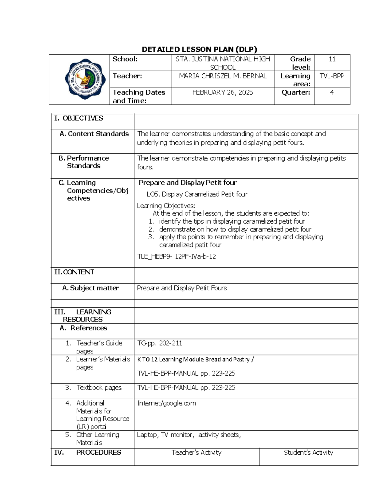 Lesson Plan: Caramelized Petit Fours Preparation (TLE_HEBP9-12PF-IVa-b ...