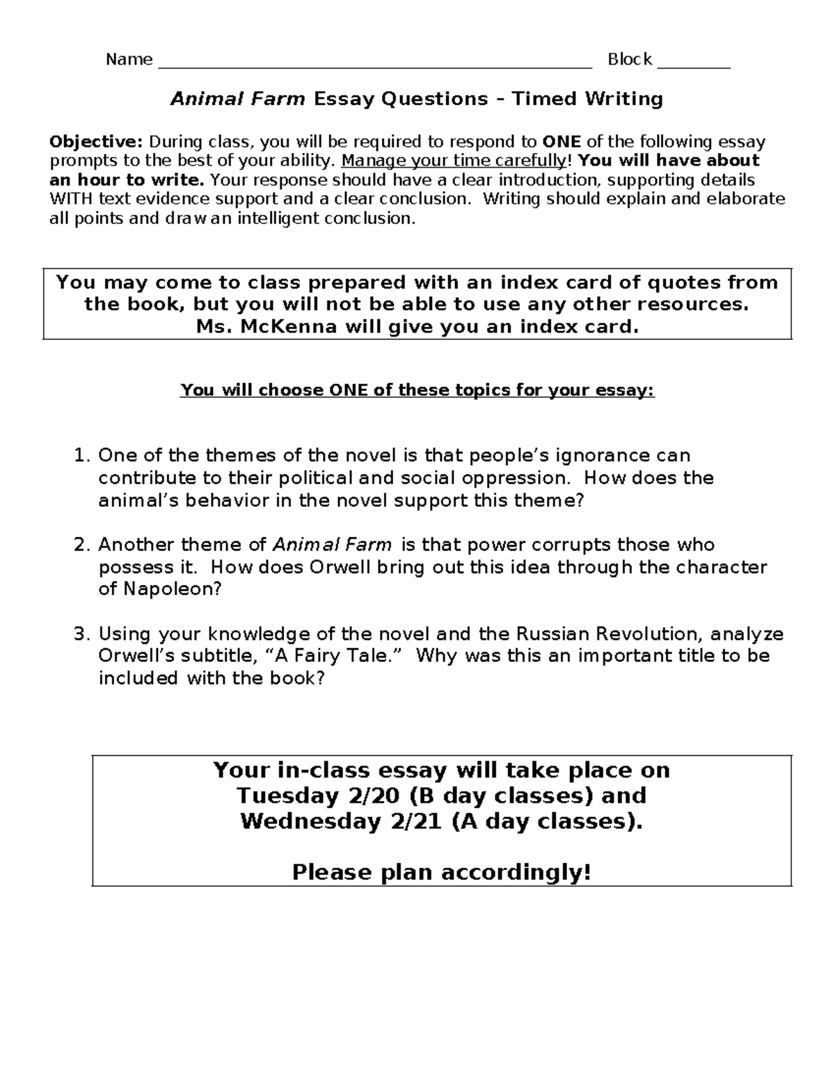 Animal Farm Essay Questions (Timed Writing) - ENG 101 - Studocu